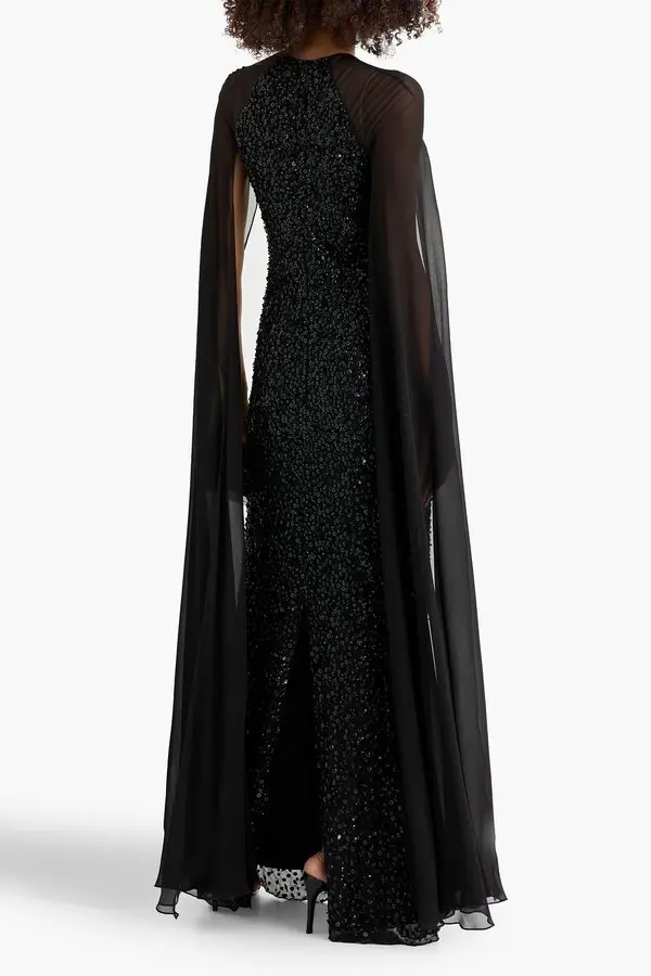 Jenny Packham Embellished Cape-effect Crepe And Chiffon Gown