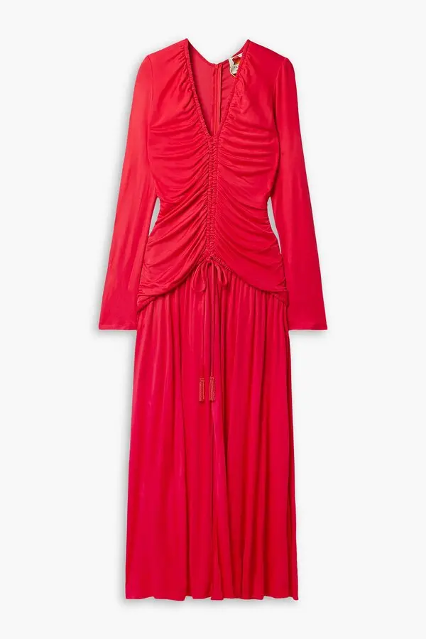 Farm Rio Gathered Stretch-jersey Midi Dress With Tasseled Ties