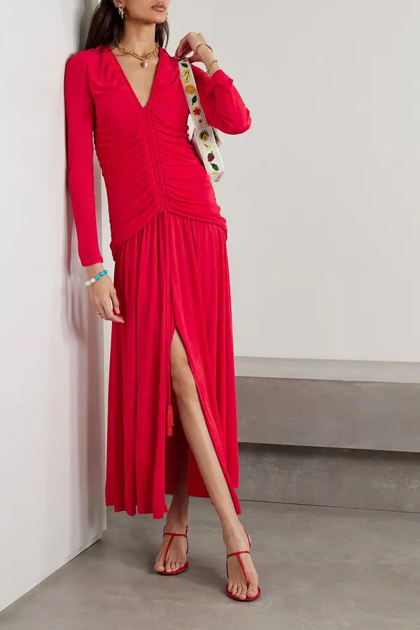 Farm Rio Gathered Stretch-jersey Midi Dress With Tasseled Ties