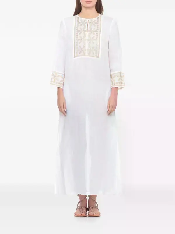 120% Lino Embroidered Panel Maxi Dress - White