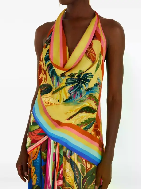 Farm Rio Viscose Blouse With Tropical Print And Rainbow Stripes - Yellow