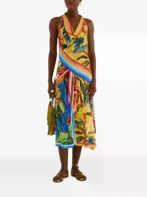 Farm Rio Viscose Blouse With Tropical Print And Rainbow Stripes - Yellow