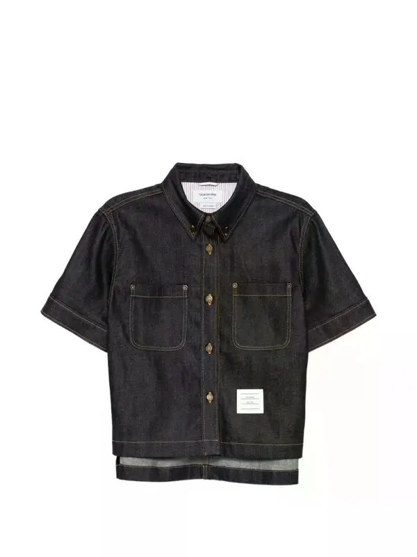 Thom Browne Logo-patched Short-sleeved Shirt - Blue