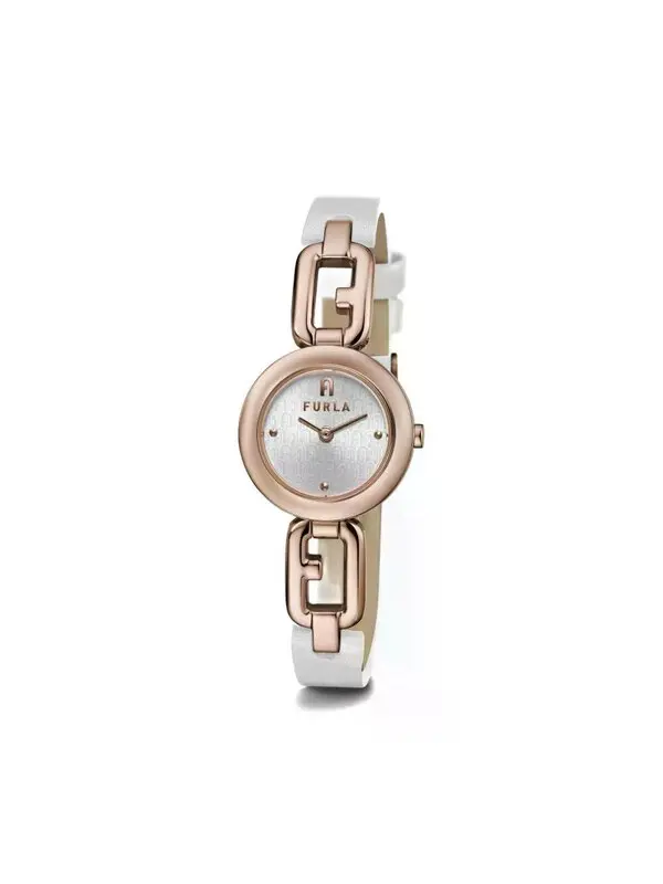 Furla Arco Chain 28mm Watch With Mother Of Pearl Dial And White Leather Strap