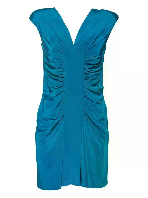 Elie Saab Ruched V-neck Silk Dress - Blue