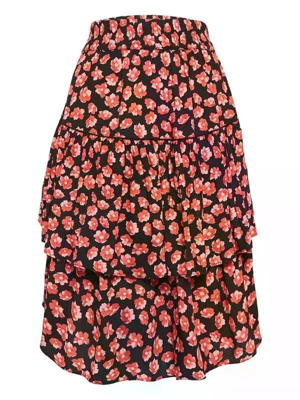 GANNI Floral-print Tiered Midi Skirt - Black