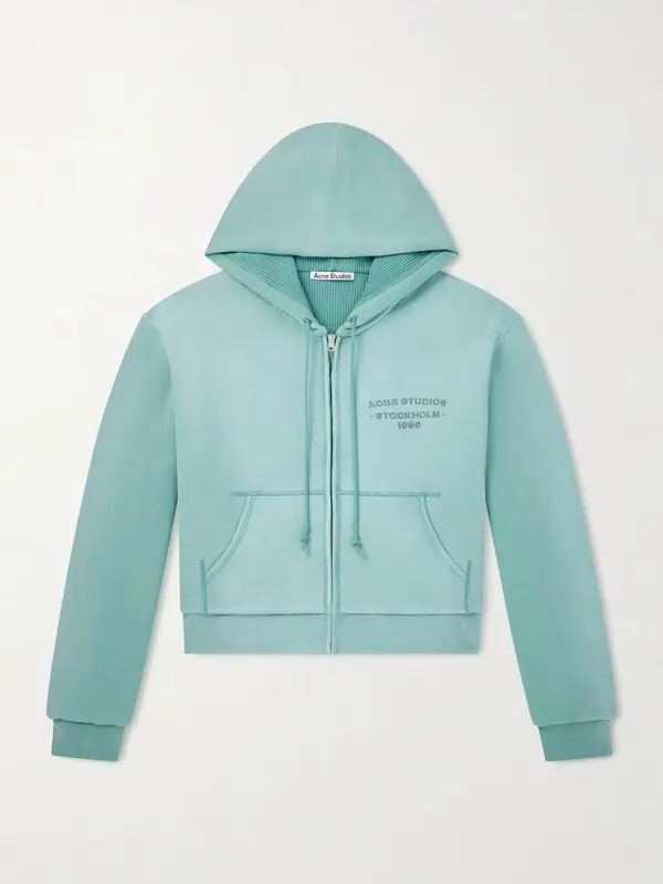 Acne Studios Feida Cropped Logo-print Cotton-jersey Zip-up Hoodie - Green