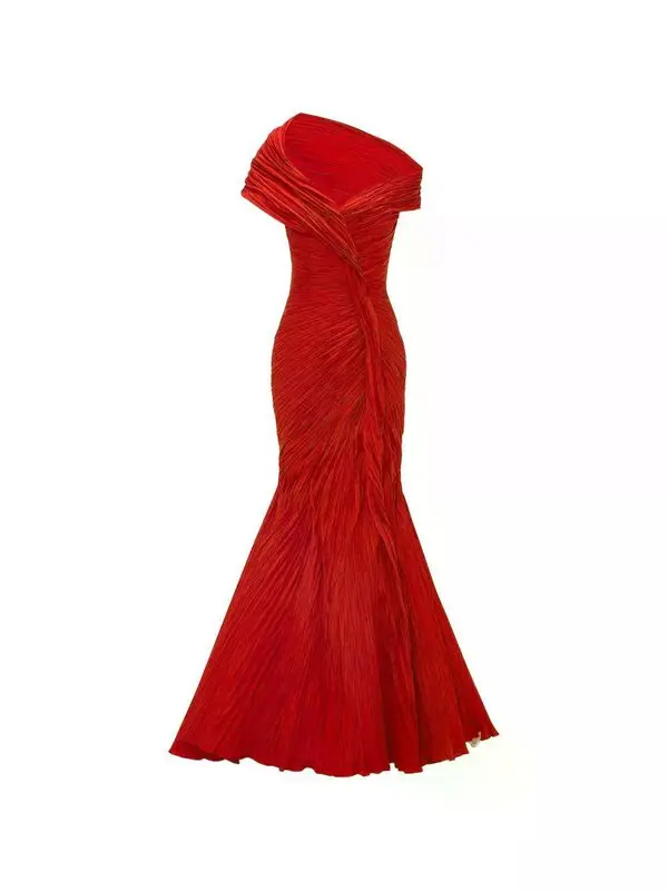 MARMAR HALIM Plissé Effect Off-the-shoulder Mermaid Gown - Red