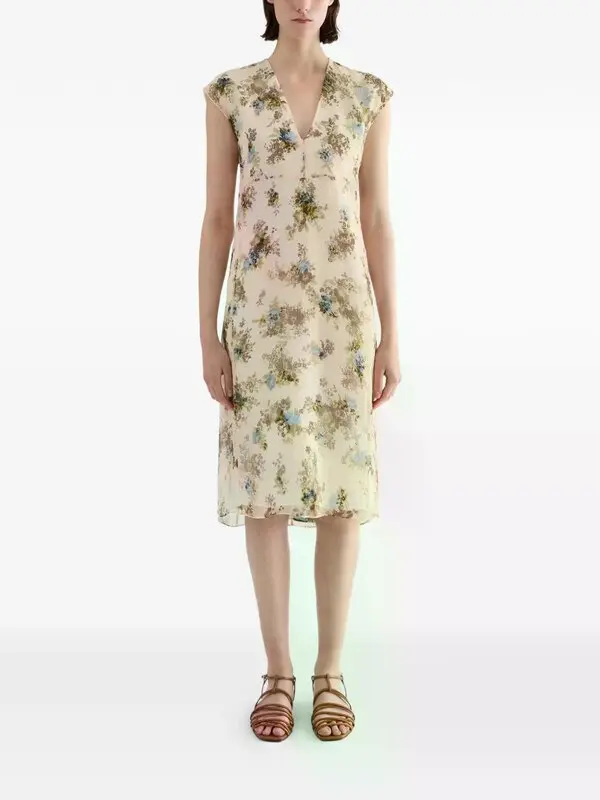 JIL SANDER Silk Floral Print Dress - Neutrals