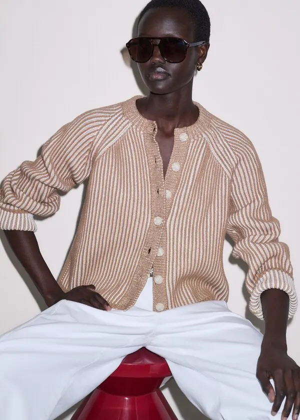 ME+EM Ribbed Knit Cardigan - Camel/soft White