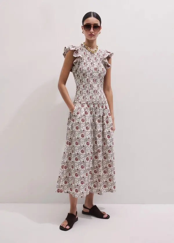 ME+EM Floral Print Shirred Midi Dress