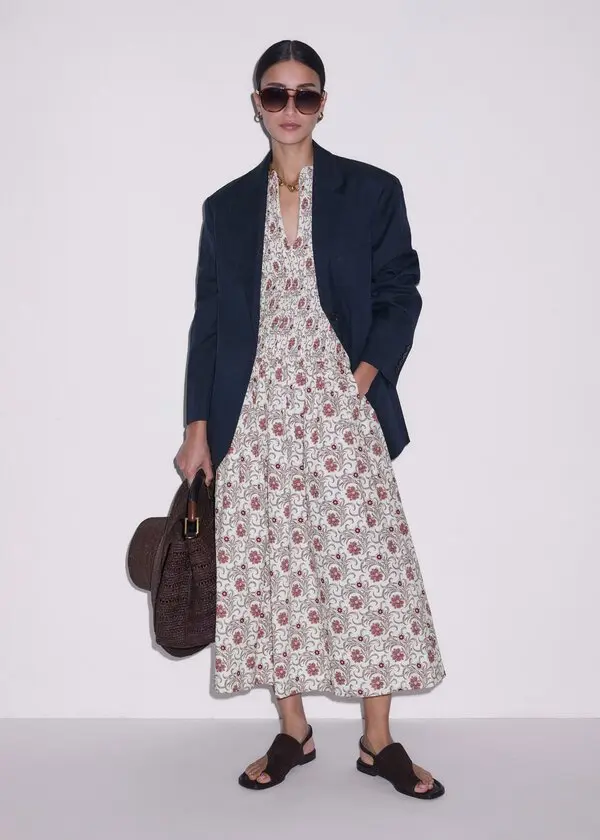 ME+EM Floral Print Shirred Midi Dress