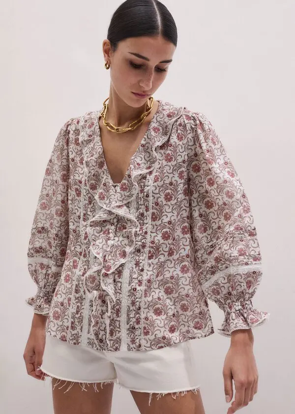 ME+EM Cotton Printed Ruffle Blouse