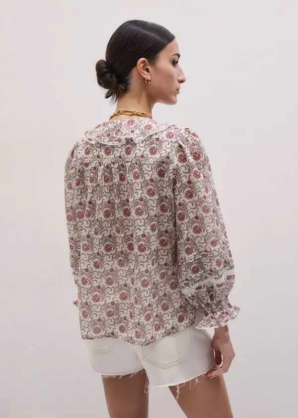 ME+EM Cotton Printed Ruffle Blouse