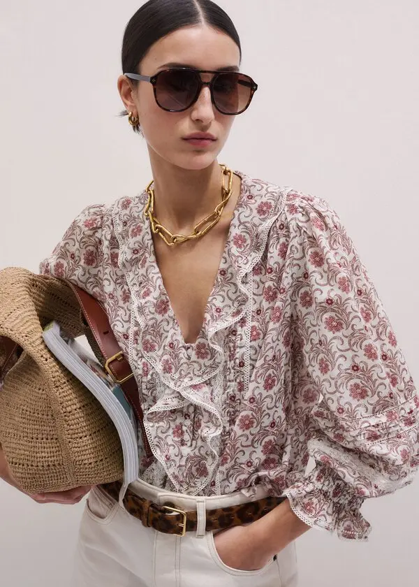 ME+EM Cotton Printed Ruffle Blouse - Light Cream/multi