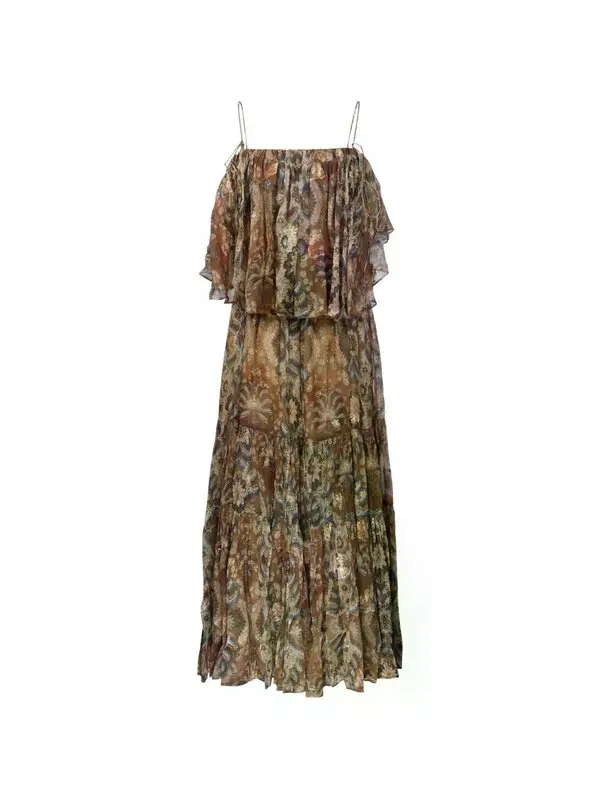 INTO THE EAST Tiered Maxi Dress With Ruffled Overlay - Brown