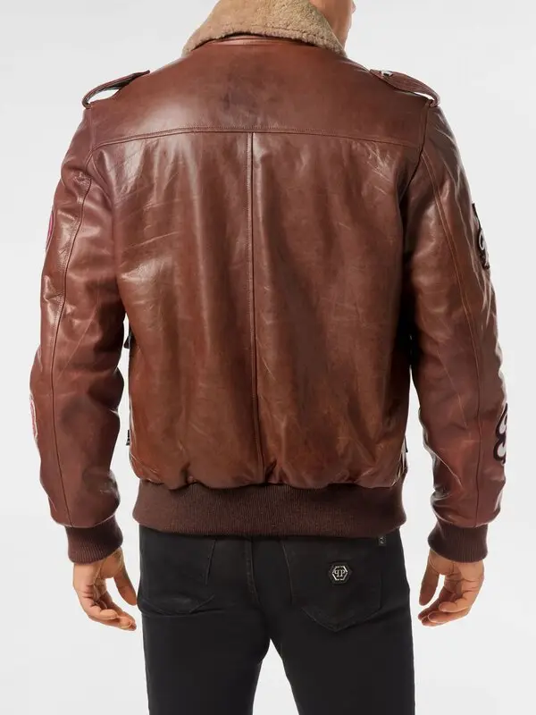 Philipp Plein Leather Aviator Bomber Jacket With Logo Patch And Shearling Collar