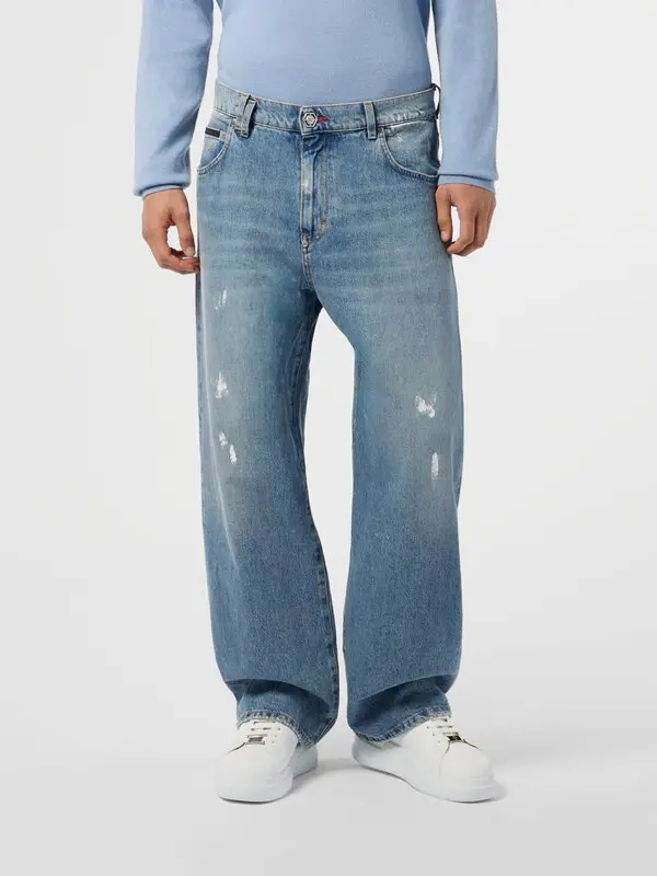 Philipp Plein Wide-leg Distressed Jeans - Sky Blue