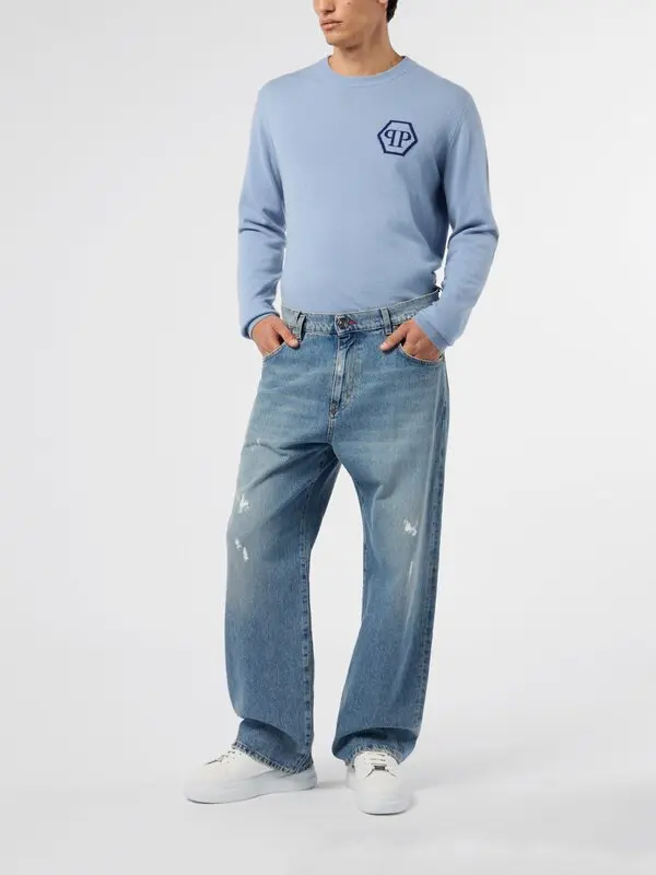 Philipp Plein Wide-leg Distressed Jeans - Sky Blue