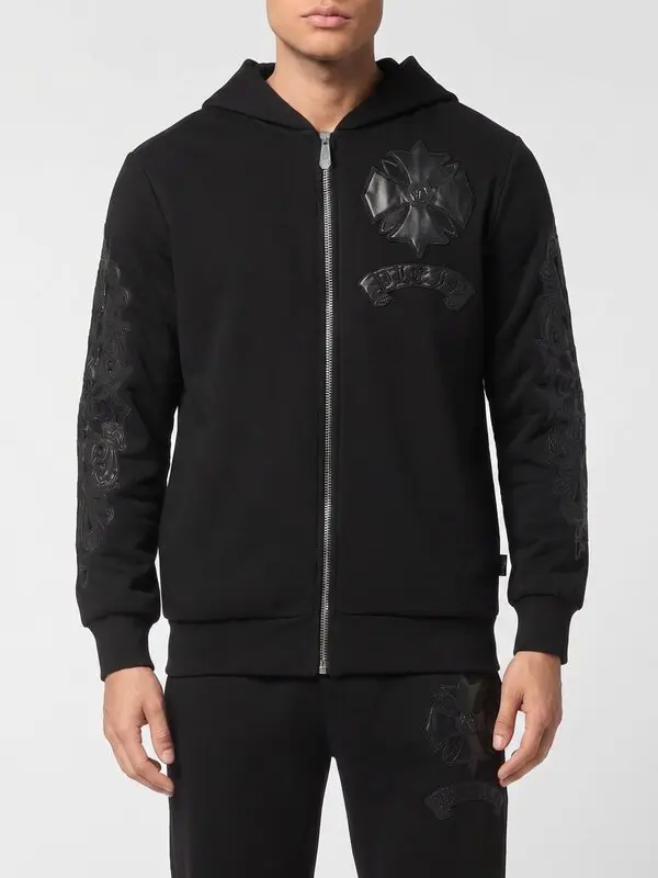 Philipp Plein Cotton Hoodie With Leather Logo