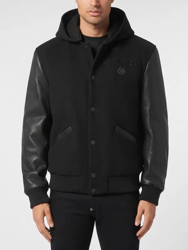 Philipp Plein Hooded Bomber Jacket With Leather Sleeves - Black