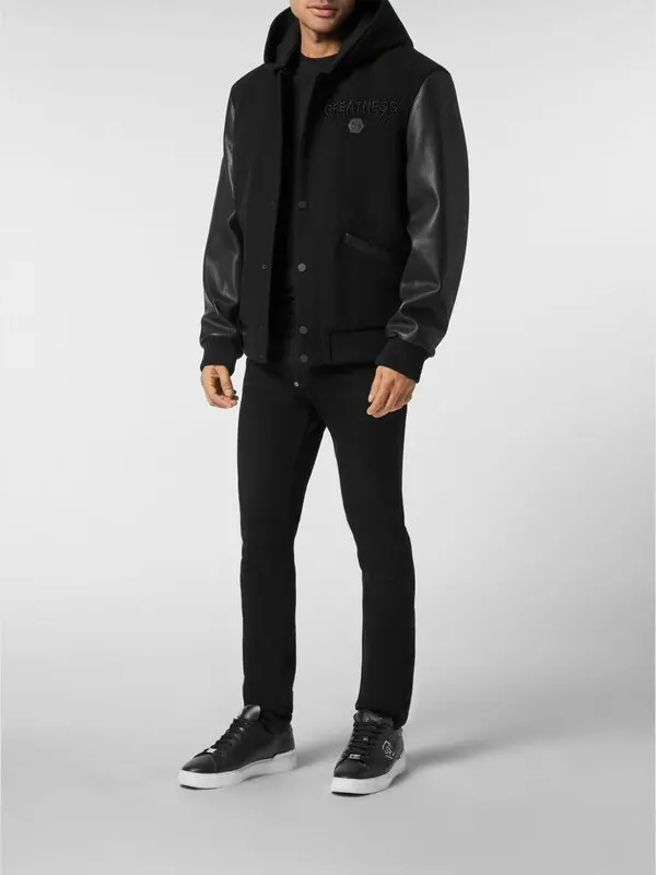 Philipp Plein Hooded Bomber Jacket With Leather Sleeves - Black