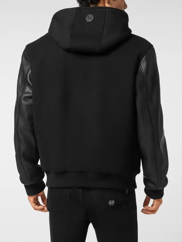 Philipp Plein Hooded Bomber Jacket With Leather Sleeves - Black