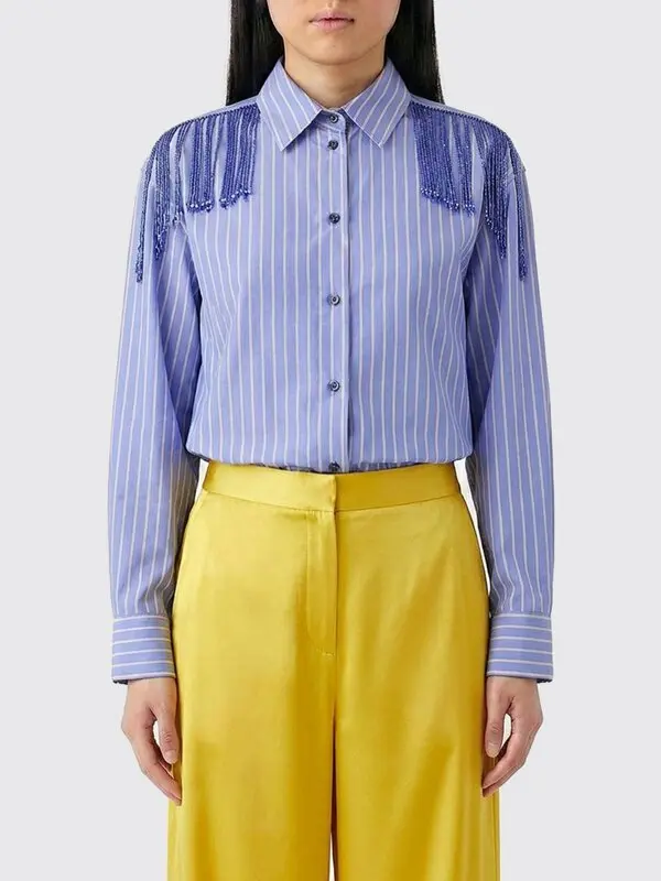 Andamane Striped Cotton Shirt With Embellished Fringes - Gnawed Blue