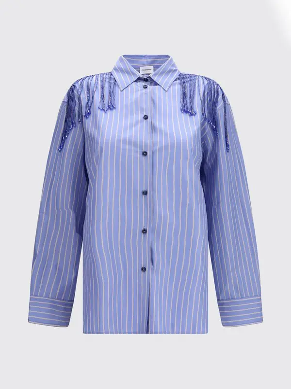 Andamane Striped Cotton Shirt With Embellished Fringes - Gnawed Blue