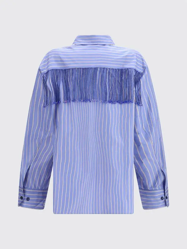 Andamane Striped Cotton Shirt With Embellished Fringes - Gnawed Blue