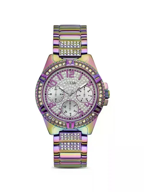 Guess Frontier 40mm Watch With Iridescent Dial And Crystal-embellished Bezel - Silver