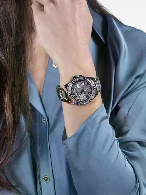 Guess Frontier 40mm Watch With Iridescent Dial And Crystal-embellished Bezel