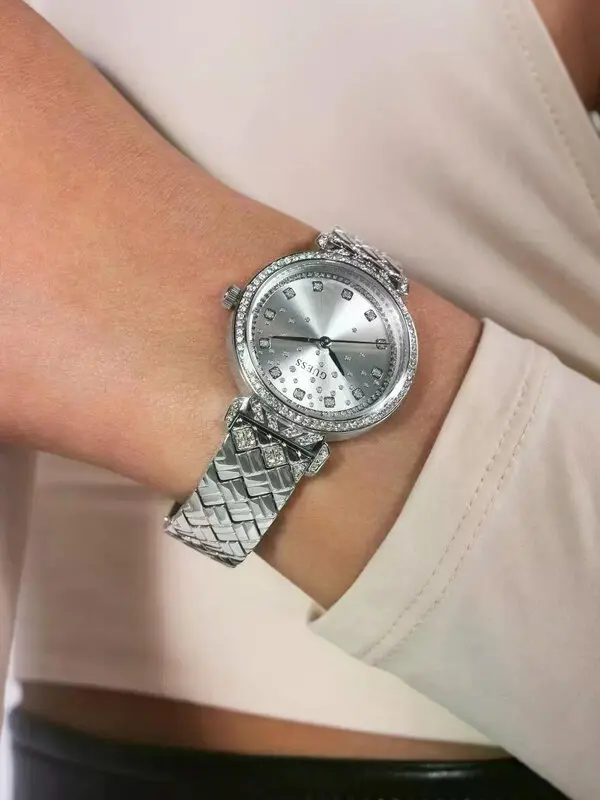 Guess Crystal Bezel Watch With Quilted Bracelet