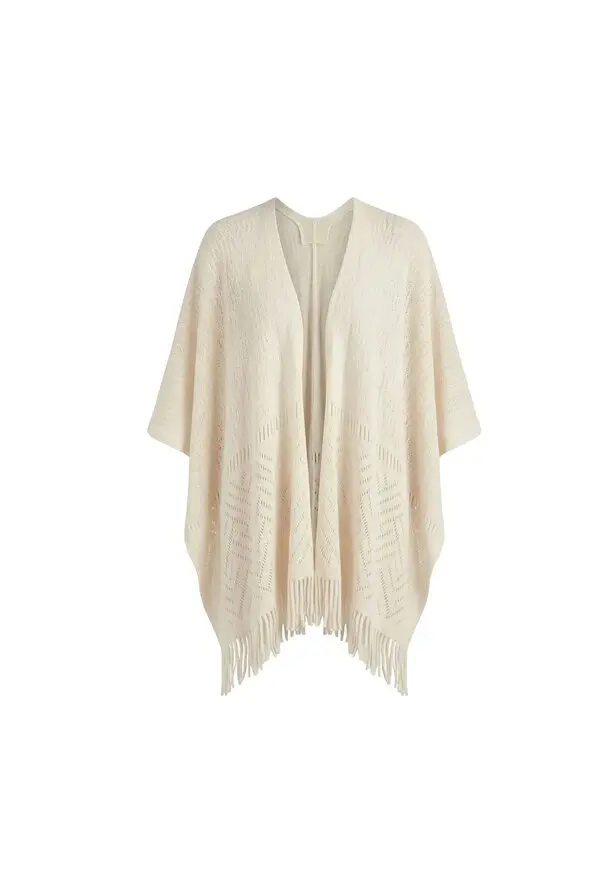 JAMES LAKELAND Geometric Pointelle Knit Kaftan With Fringe Hem - White