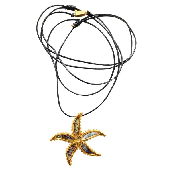 SMILLA BRAV Gold Tone Starfish Pendant Necklace With Leather Cord - Black