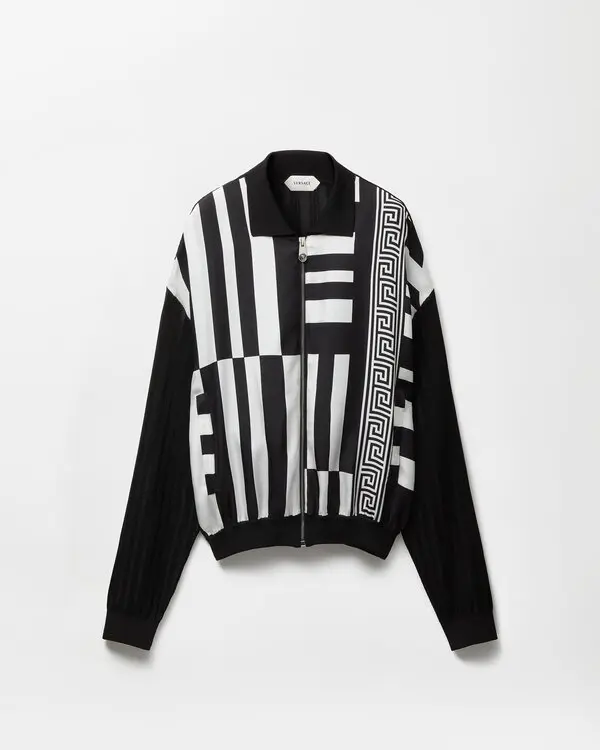 Versace Printed Silk Inserts Knit Zip Cardigan