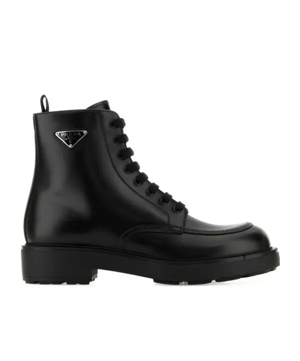 Prada Lace Up Logo Plaque Boots - Black
