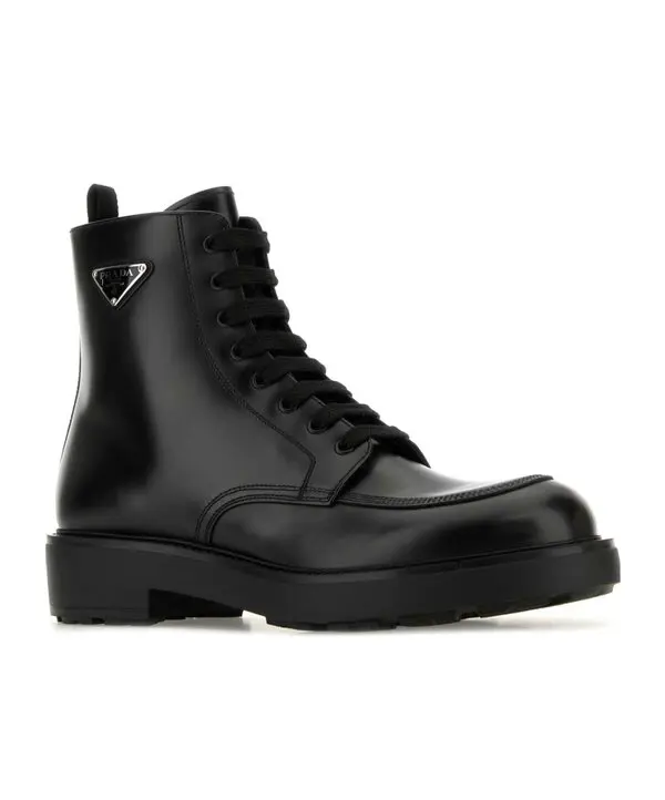 Prada Lace Up Logo Plaque Boots - Black