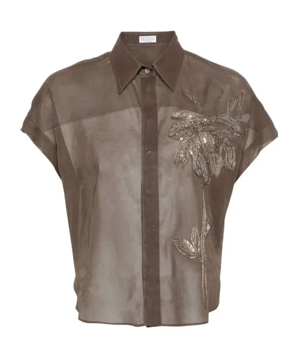Brunello Cucinelli Semi-sheer Motif-embroidered Shirt - Brown