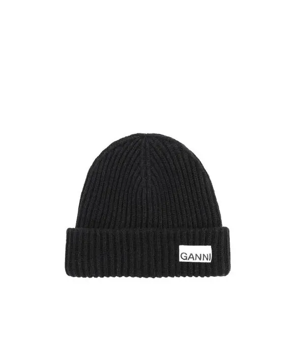 GANNI Oversized Ribbed Knit Beanie With Logo Patch - Black