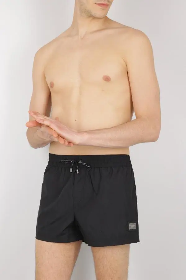 Dolce & Gabbana Logo Plaque Drawstring Swim Shorts - Black