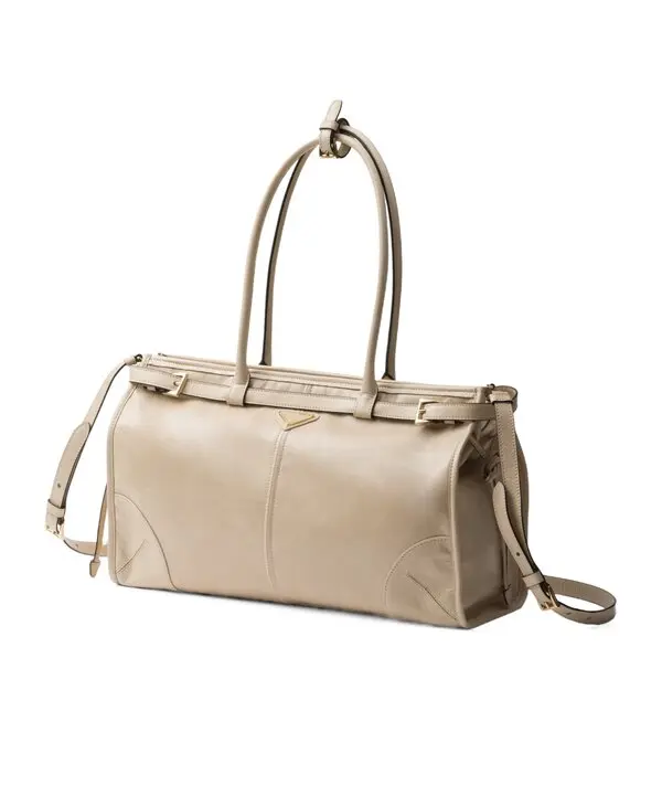 Prada Large Leather Handbag With Top Handles And Shoulder Strap