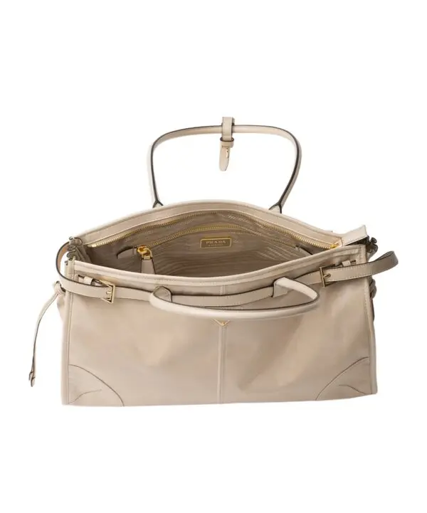 Prada Large Leather Handbag With Top Handles And Shoulder Strap