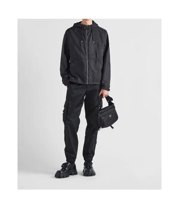 Prada Logo Plaque Zip-up Hooded Jacket - Black