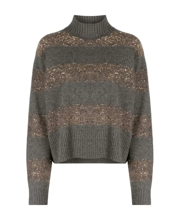 Brunello Cucinelli Sequin Embellished Striped High Neck Jumper
