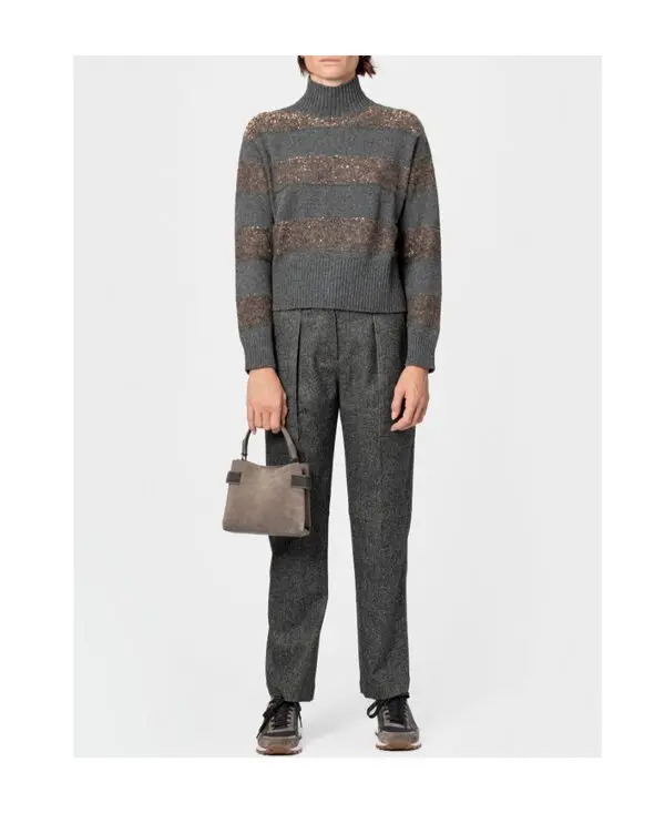 Brunello Cucinelli Sequin Embellished Striped High Neck Jumper