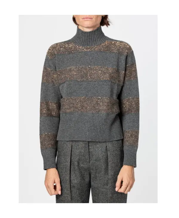 Brunello Cucinelli Sequin Embellished Striped High Neck Jumper