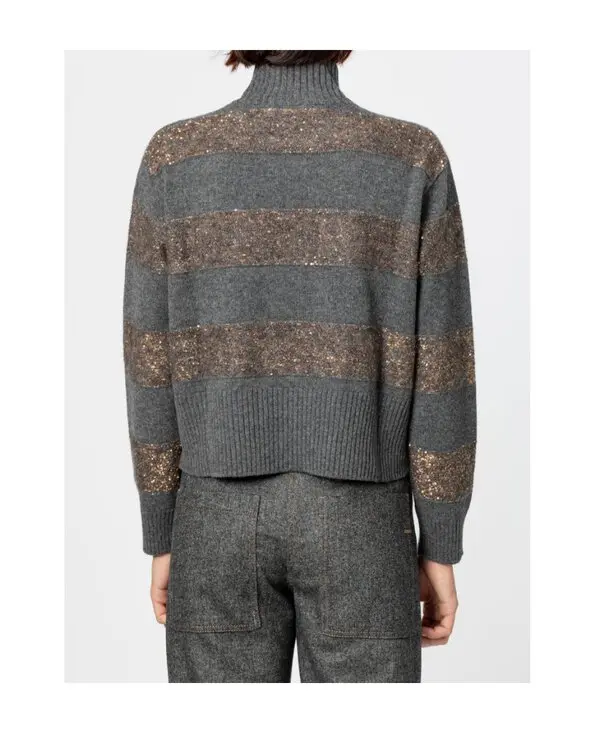 Brunello Cucinelli Sequin Embellished Striped High Neck Jumper