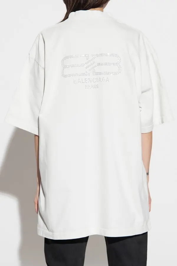 Balenciaga Bb Paris Medium Fit T-shirt With Crystal Embellishment - White