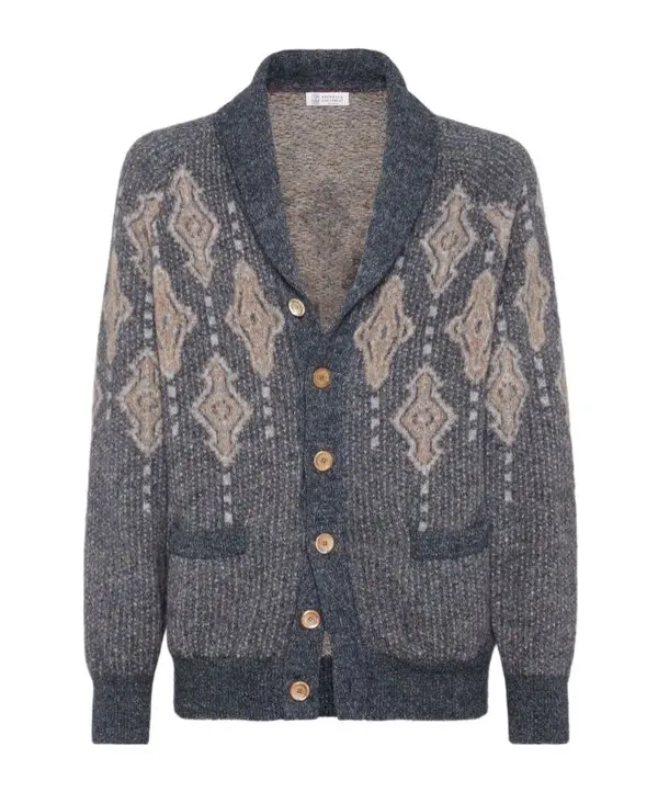 Brunello Cucinelli Geometric Jacquard Shawl Collar Cardigan